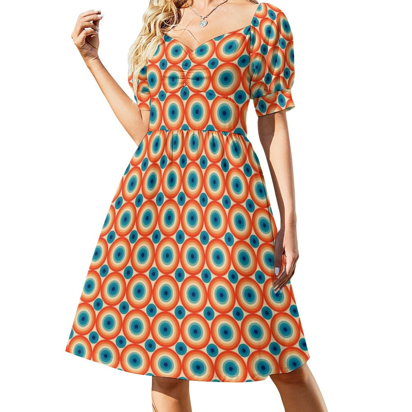 70s Polka Eye illusion Dot Pattern in Orange and Blue Sleeveless Dress ...