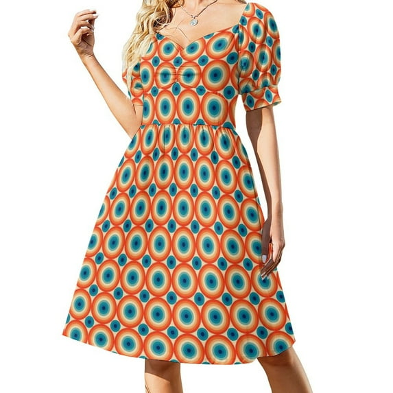 70s Polka Eye illusion Dot Pattern in Orange and Blue Sleeveless Dress ...