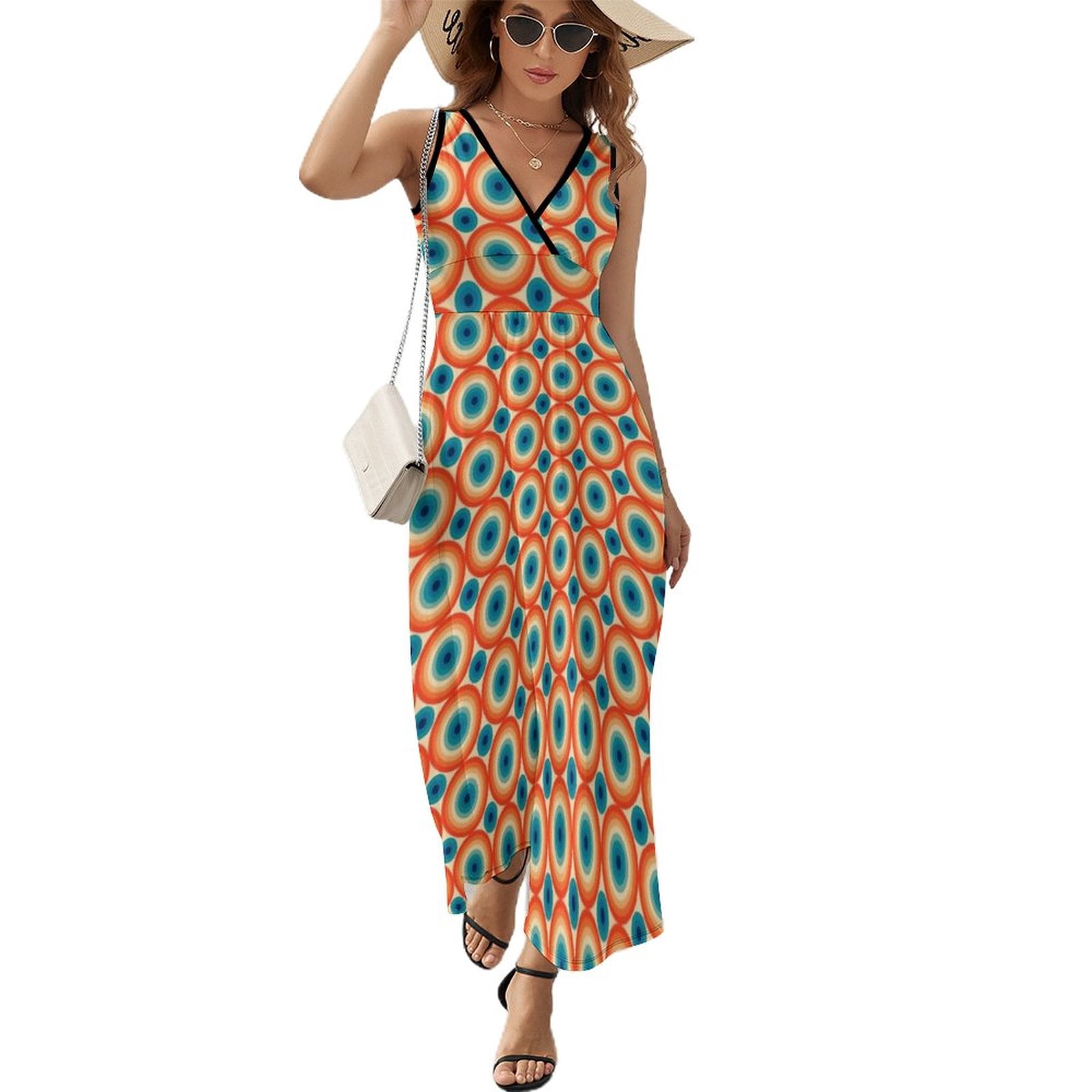 70s Polka Eye illusion Dot Pattern in Orange and Blue Sleeveless Dress ...