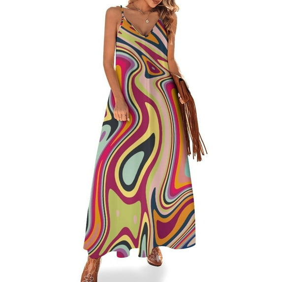 70s Retro Abstract Liquid Swirl Pattern Sleeveless Dress Long dress ...