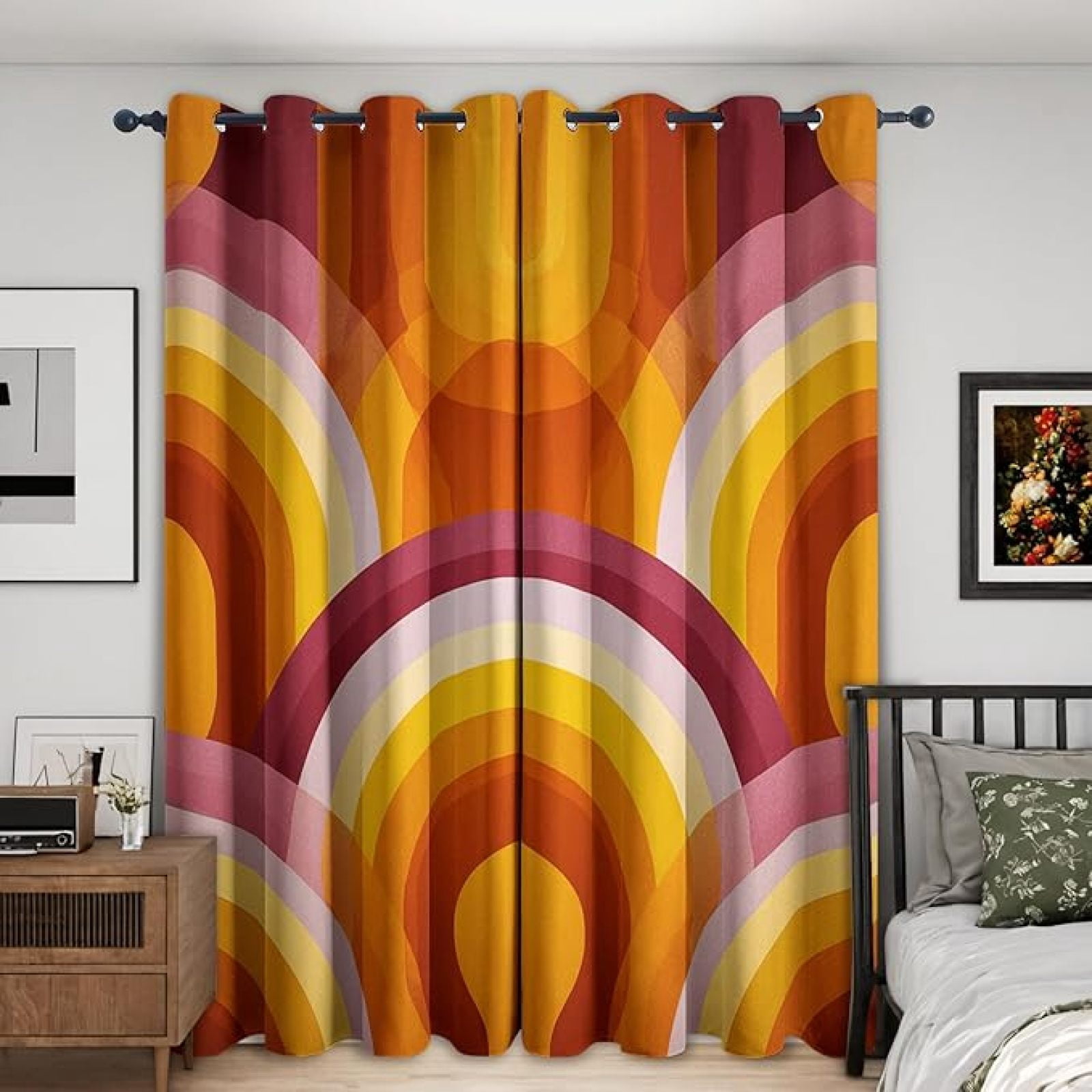 70s Retro Blackout Curtains, Boho Rainbow Geometric Curtains for ...