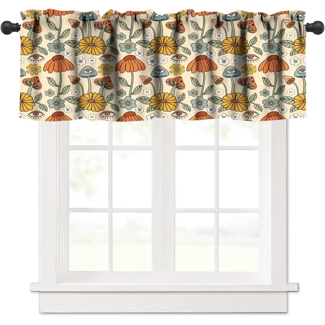 70s Retro Boho Floral Valances Curtains in Yellow Orange, Funky ...