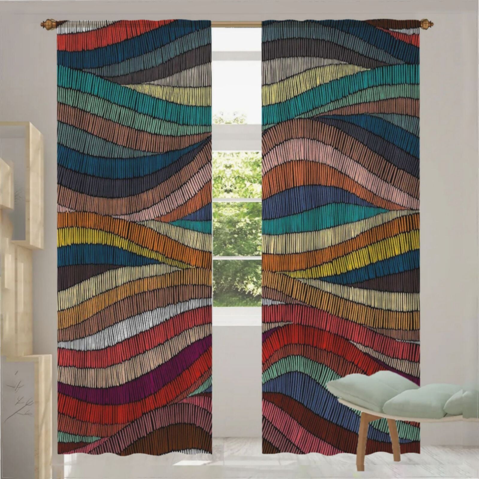 70s Retro Colorful Wavy Curtains for Living Room Bedroom Decor ...