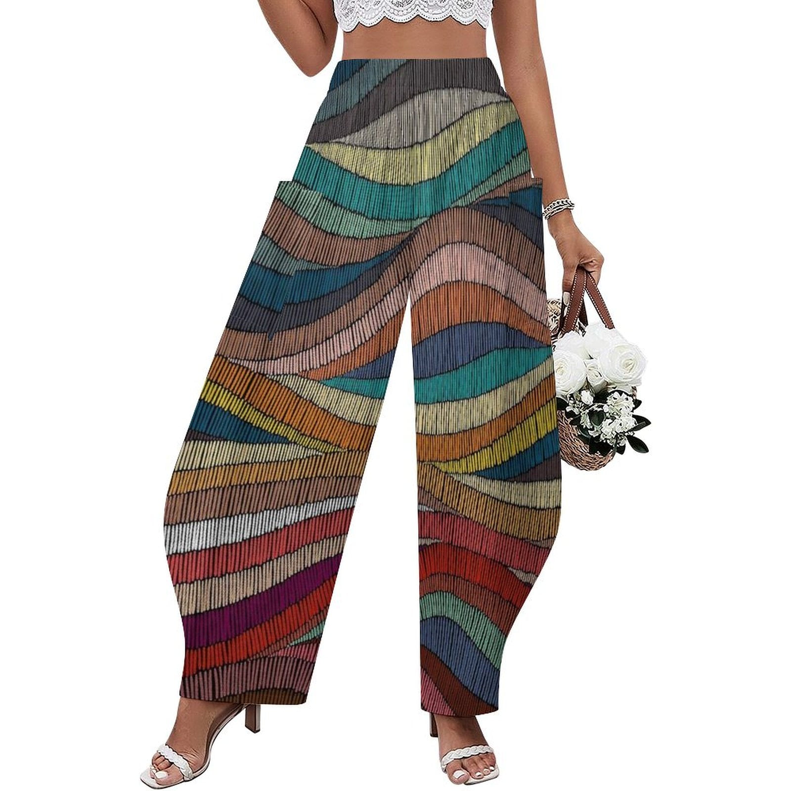 70s Retro Colorful Wavy Womens Casual Baggy with Pockets Trousers Loose ...