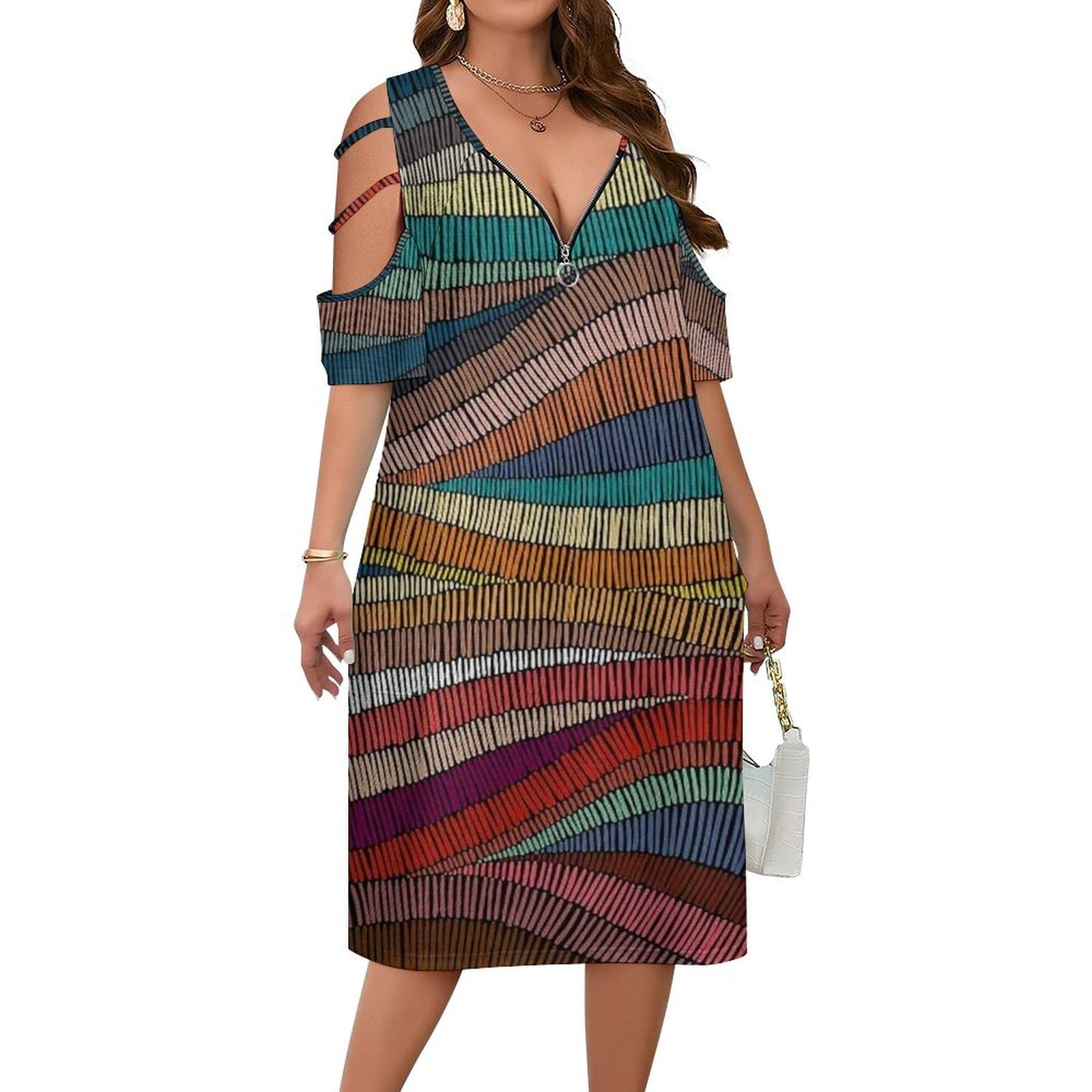 70s Retro Colorful Wavy Zipper V Neck Short Sleeve Dress Women Dress ...