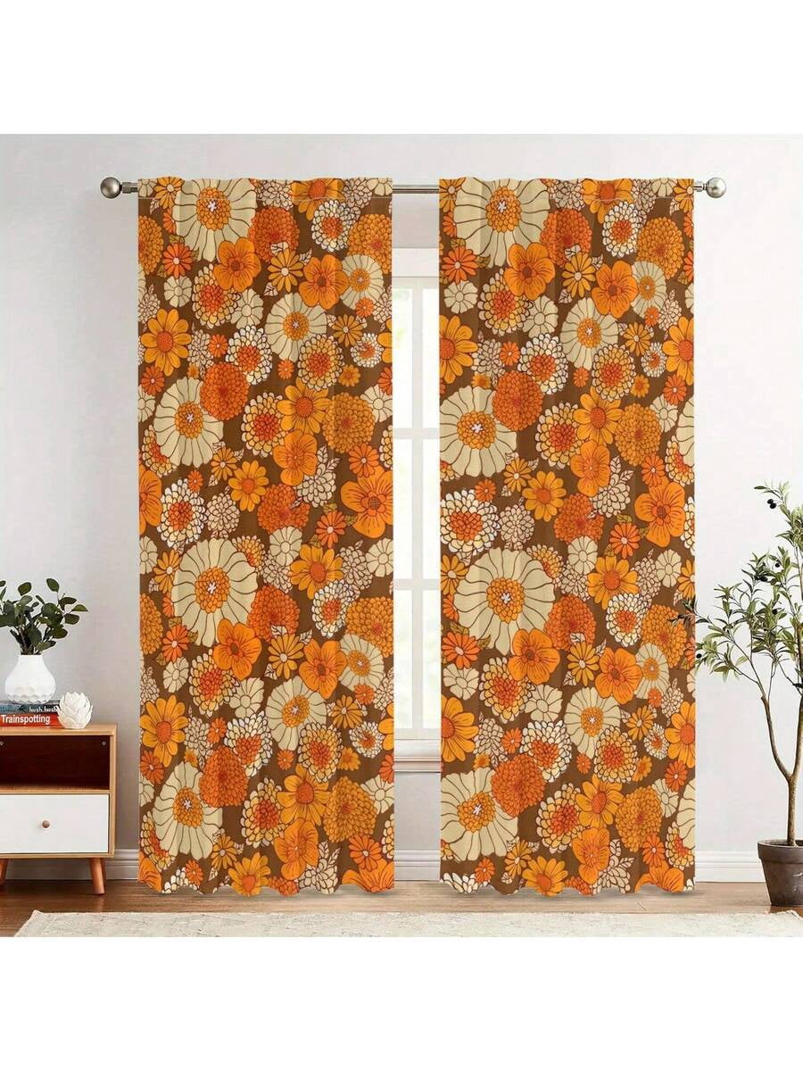 70s Retro Daisy Multicolor Floral Boho Curtains - Orange Brown ...