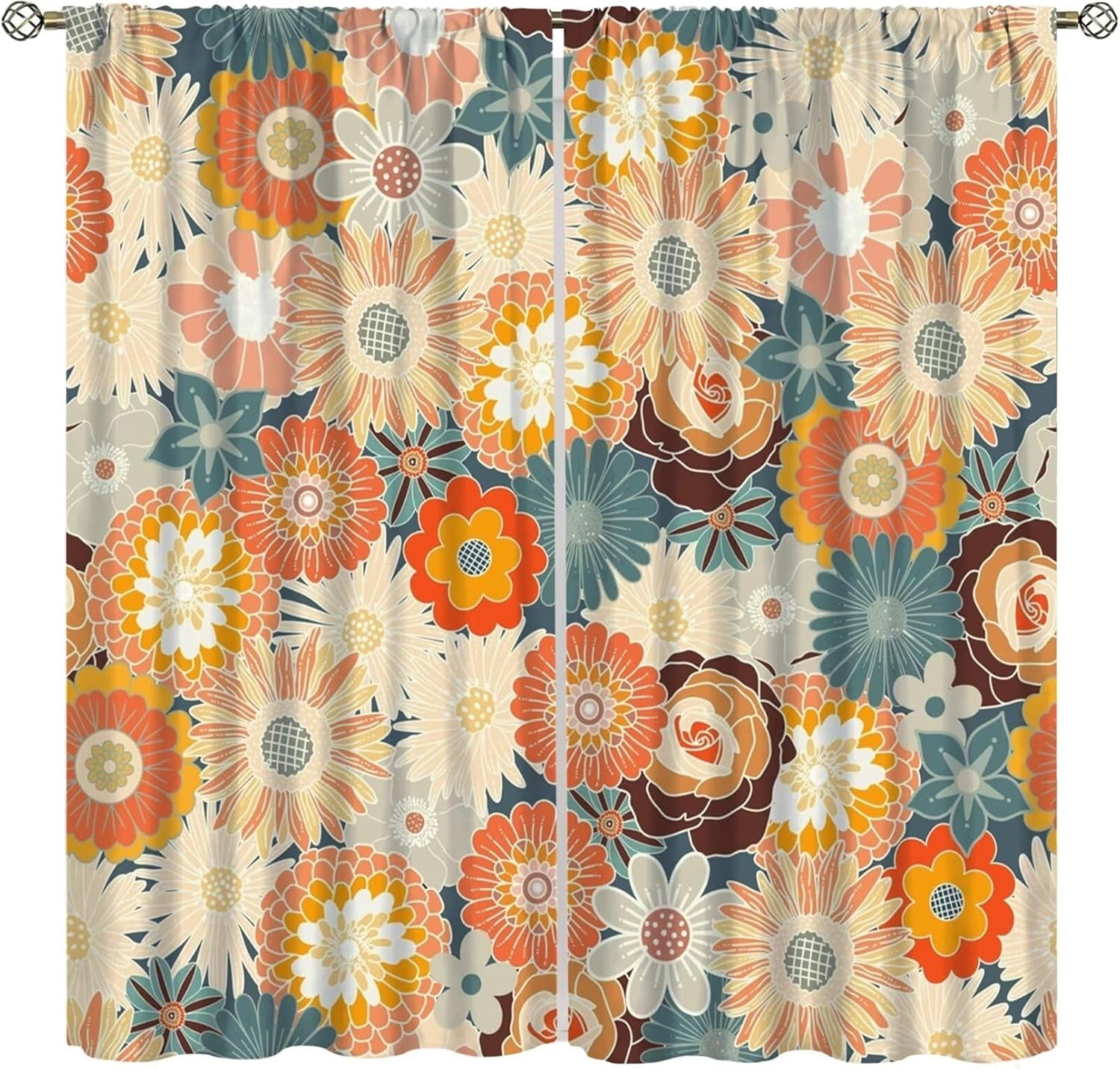 70s Retro Floral Boho Curtains Groovy Wavy Geometric Hippie Cute ...