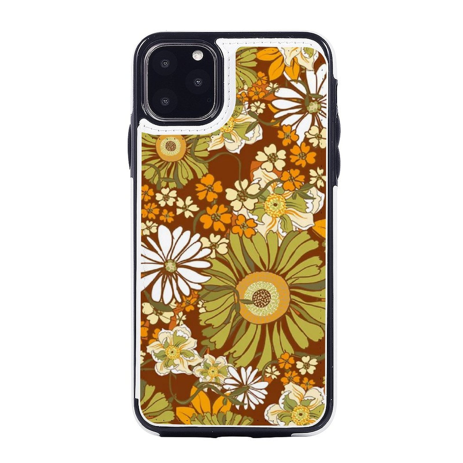 70s Retro Floral Boho Orange, Brown Leather Wallet Case for iPhone 16 15 14 13 12 11 Pro Max ...