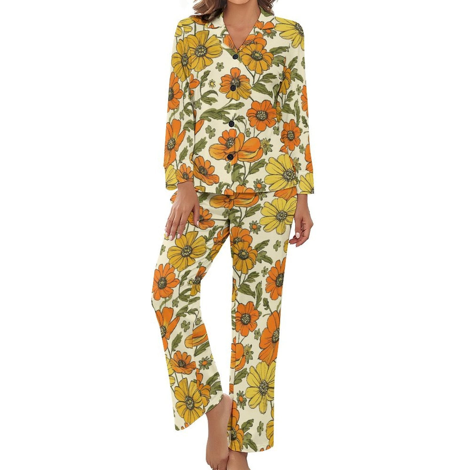 70s Retro Floral Pajamas Woman Vintage Pajamas Set 2 Piece Long-Sleeve ...