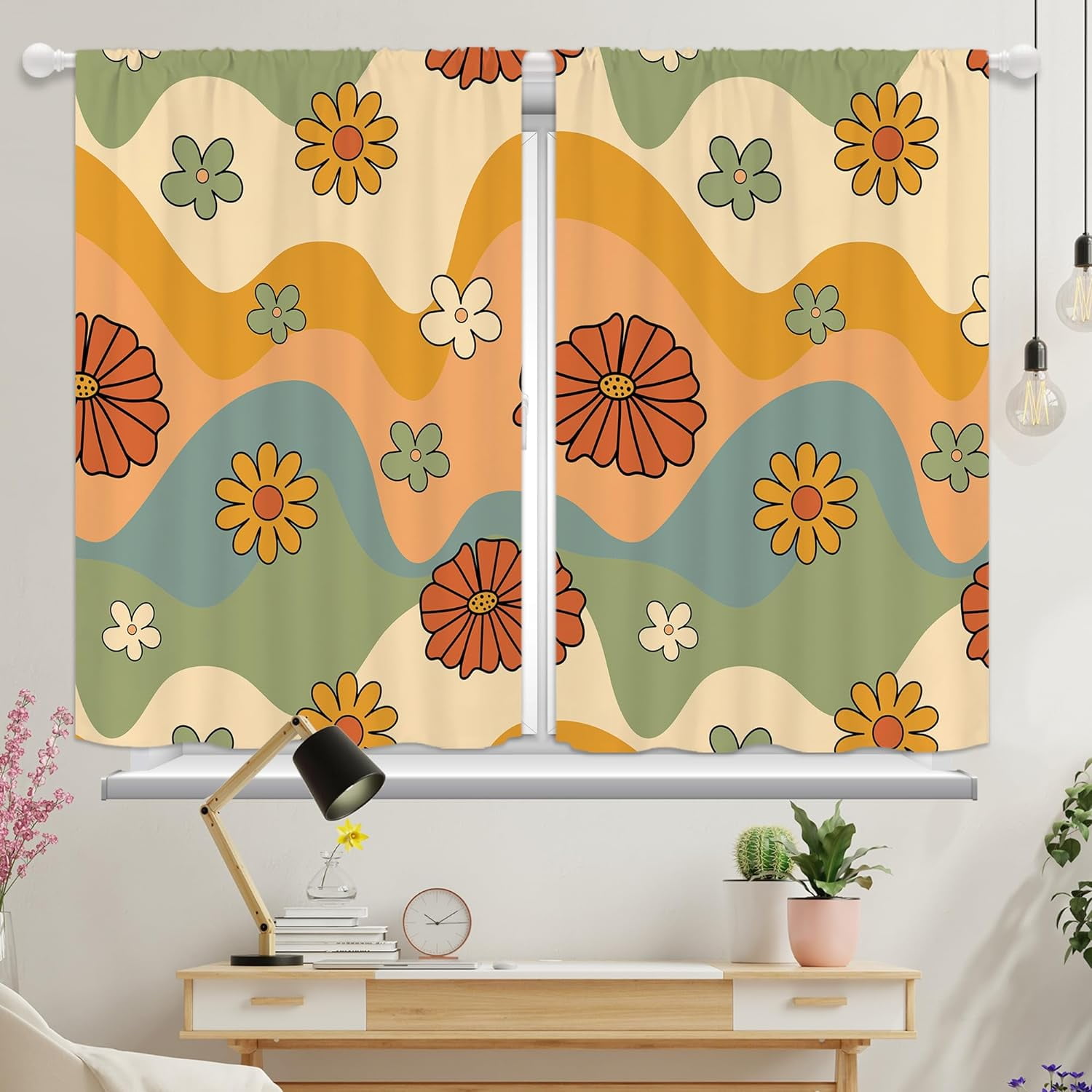 70s Retro Kitchen Curtains, Colorful Groovy Funky Daisy Floral Vintage ...