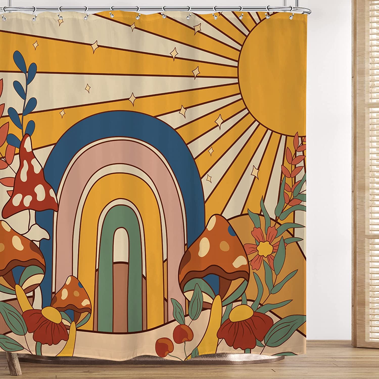70s Retro Mushroom Hippie Shower Curtain 72wx72h Inch Rainbow Sun Hippy