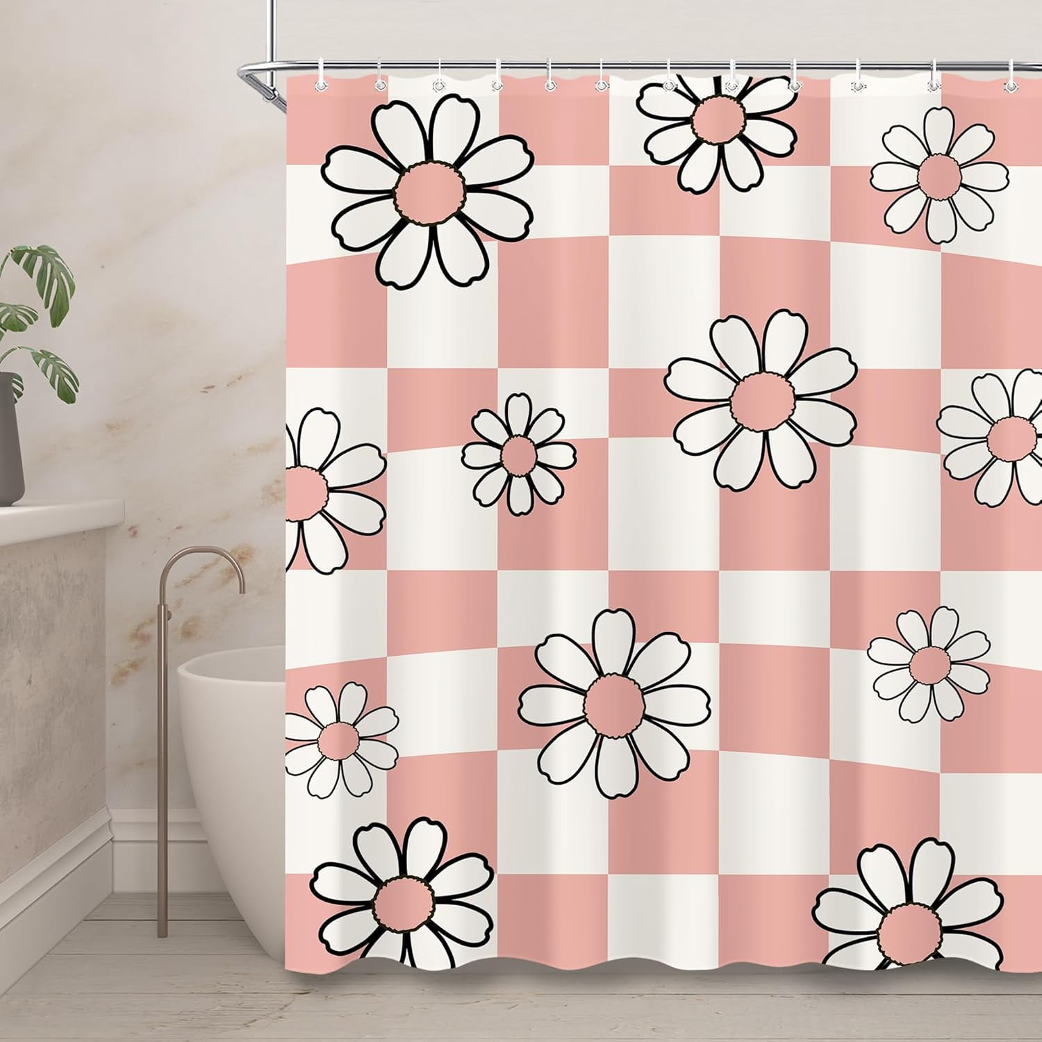 70s Retro Pink Checkered Daisy Shower Curtain 60"X72" Flower ...