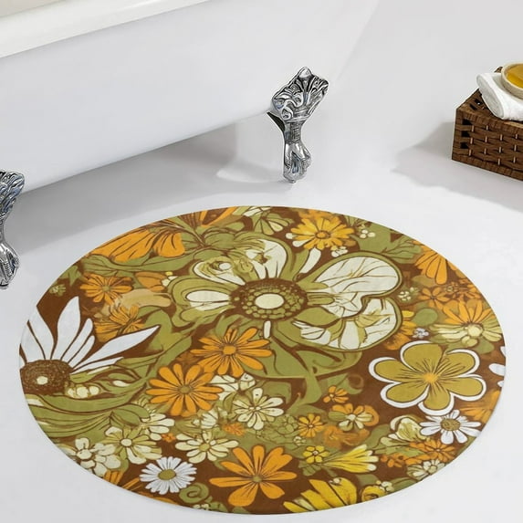 70s Retro Vintage Flower Boho Orange Brown-1 Area Round Carpet Living ...