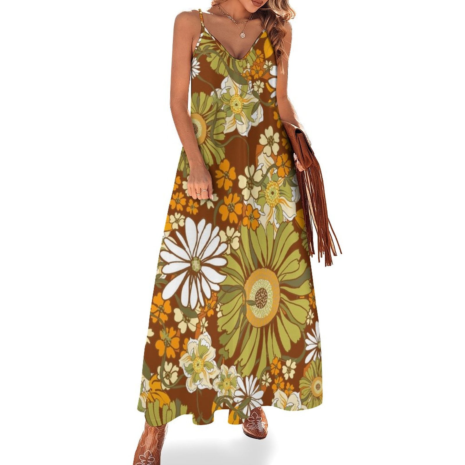 70s Retro Vintage Flower Power pattern boho orange brown Sleeveless ...