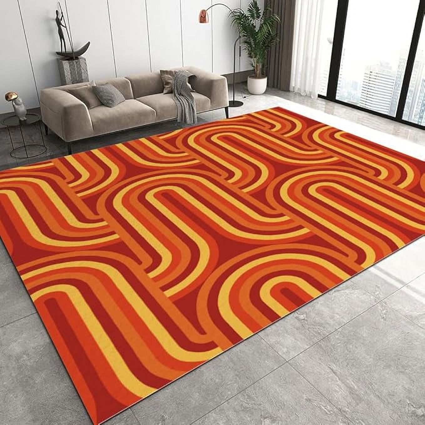70s Retro Vintage Mid Century U Shape Area Rugs, Sun Orange Geometric ...