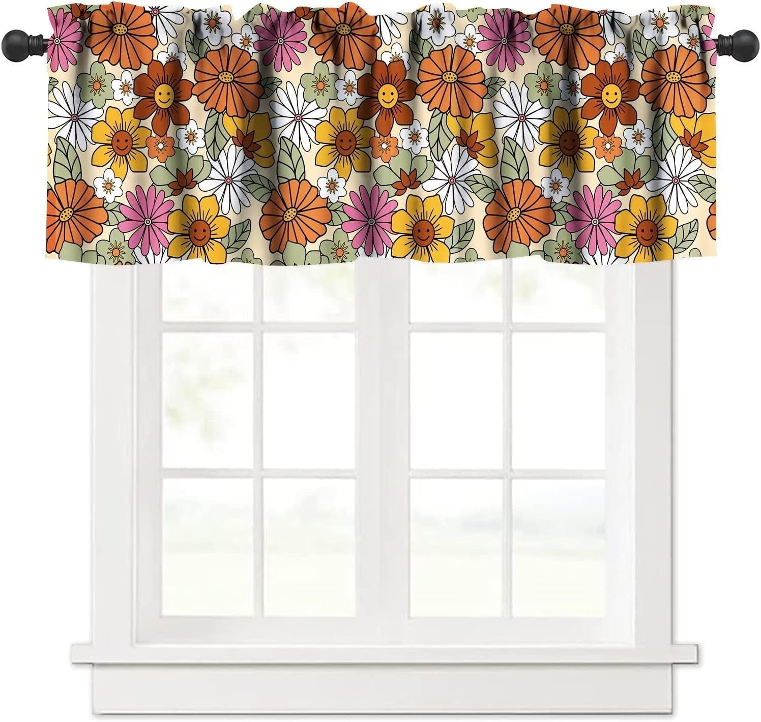 70s Style Floral Valances Curtains Boho Colorful Abstract Daisy Flowers ...