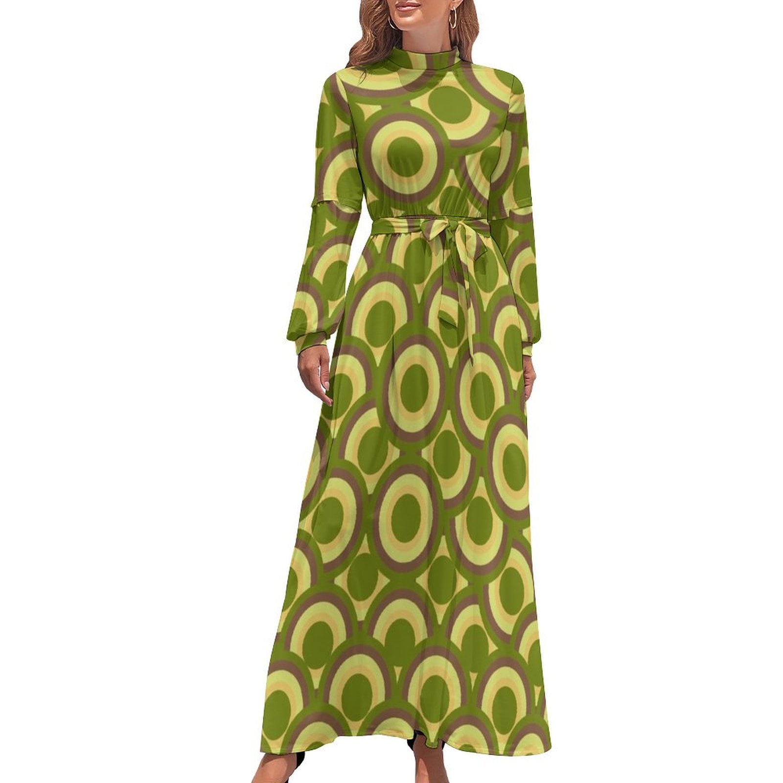 70s Style Retro Olive Green Graphic Circle/Dot Pattern Long Dress Dress ...