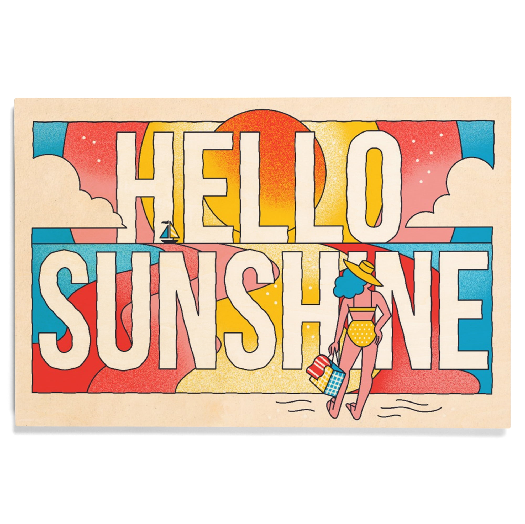70s Sunshine Collection, Hello Sunshine, Girl on Beach Birch Wood Wall ...