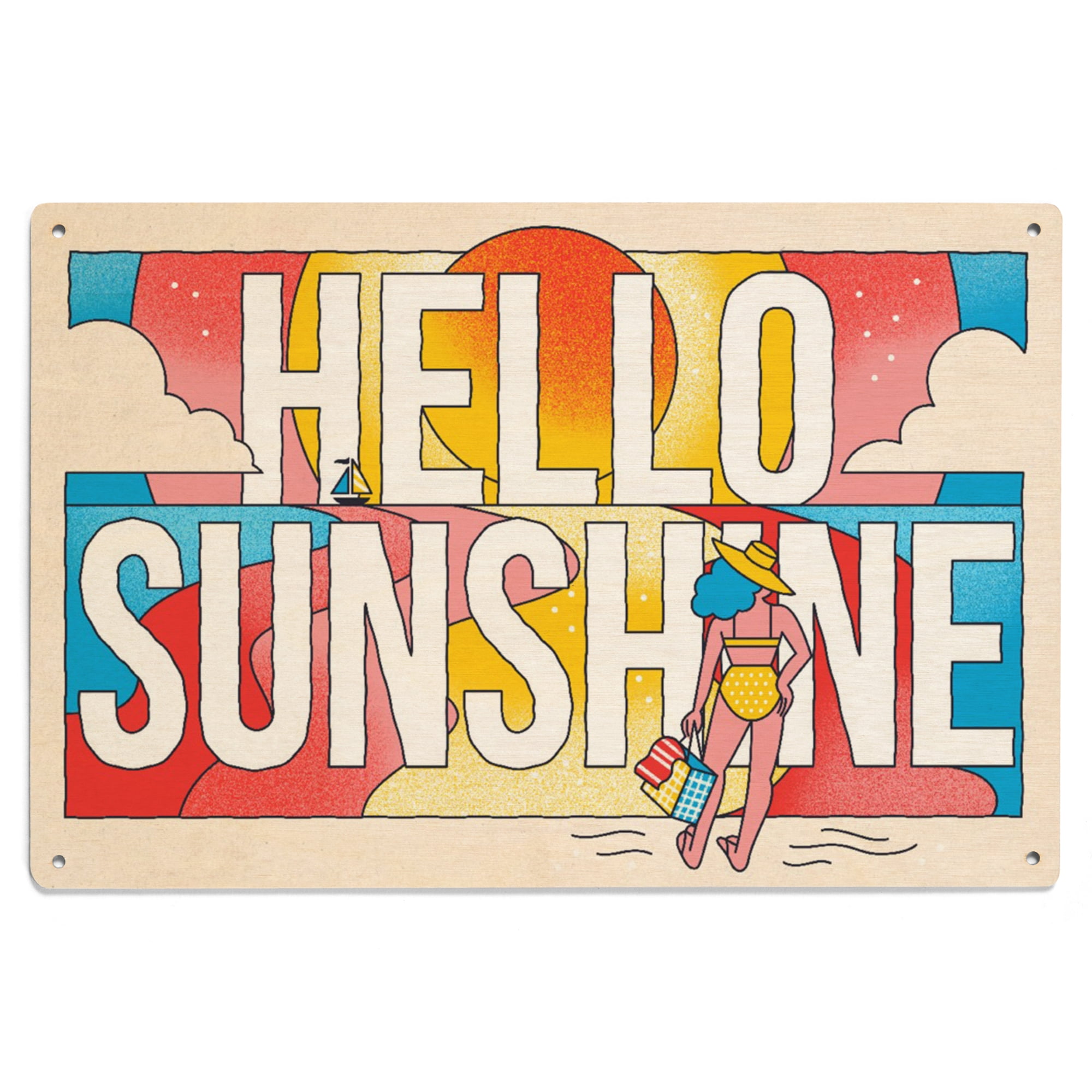 70s Sunshine Collection, Hello Sunshine, Girl on Beach Birch Wood Wall ...
