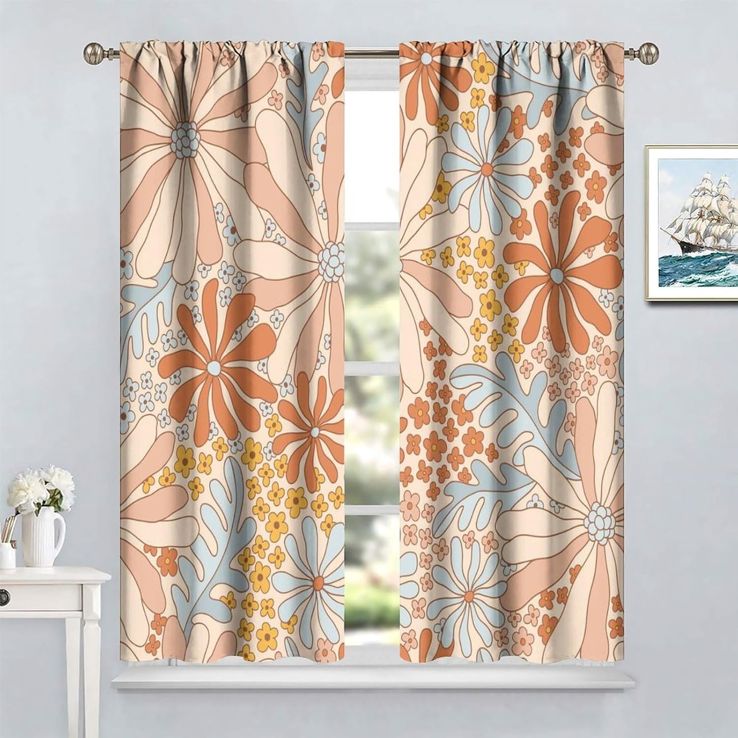 70s Vintage Flower Curtains Retro Floral Hippie Aesthetic Art Curtain ...