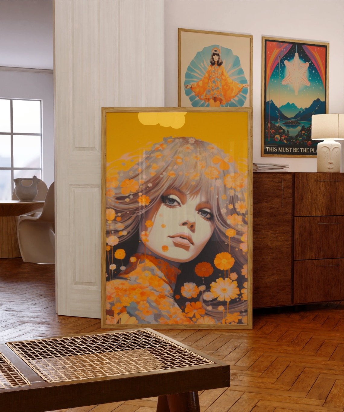 70s Woman Portrait Art Print, Retro Floral Wall Decor, Vintage Style ...