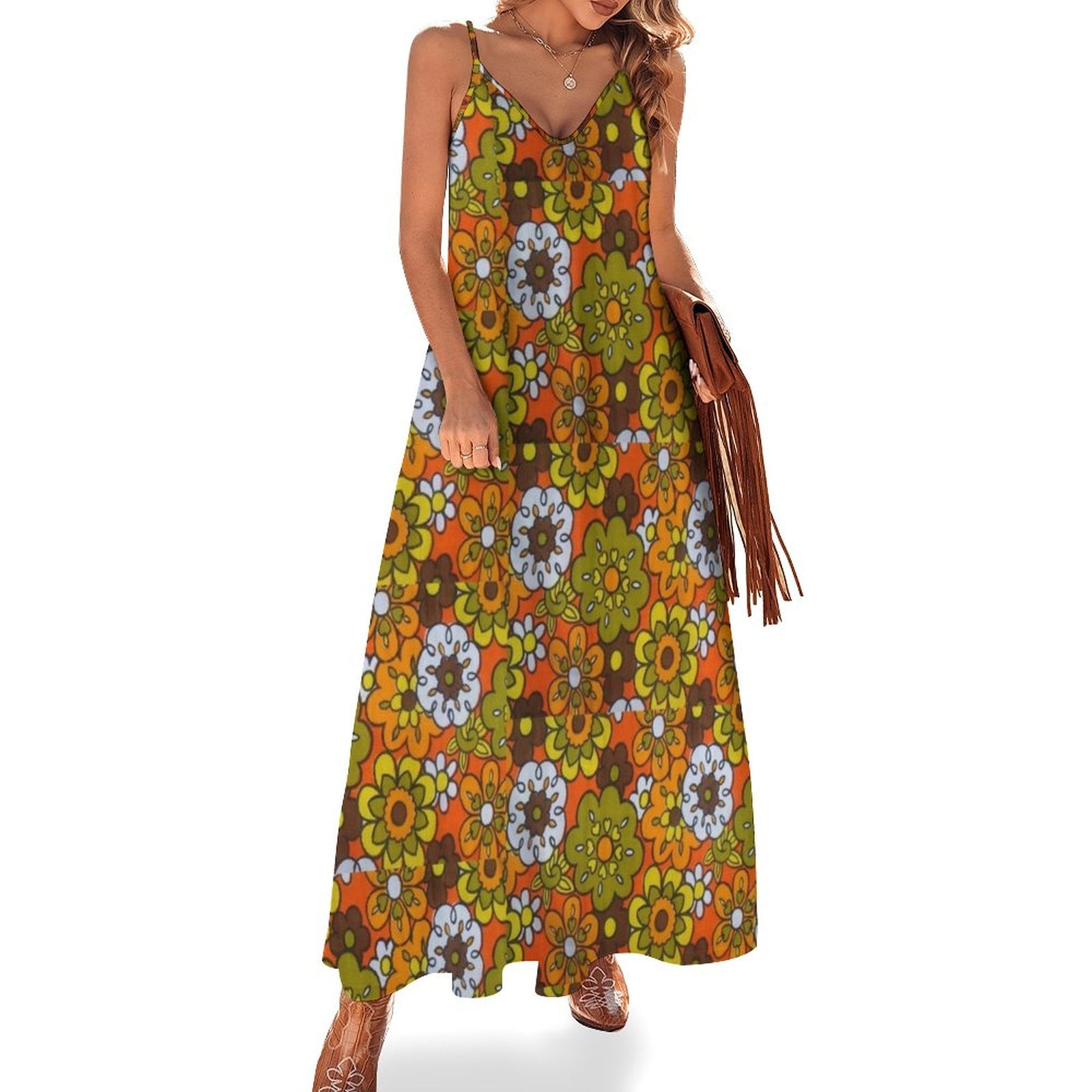 70s groovy fabric orange/brown Sleeveless Dress dresses for womens - Walmart.com