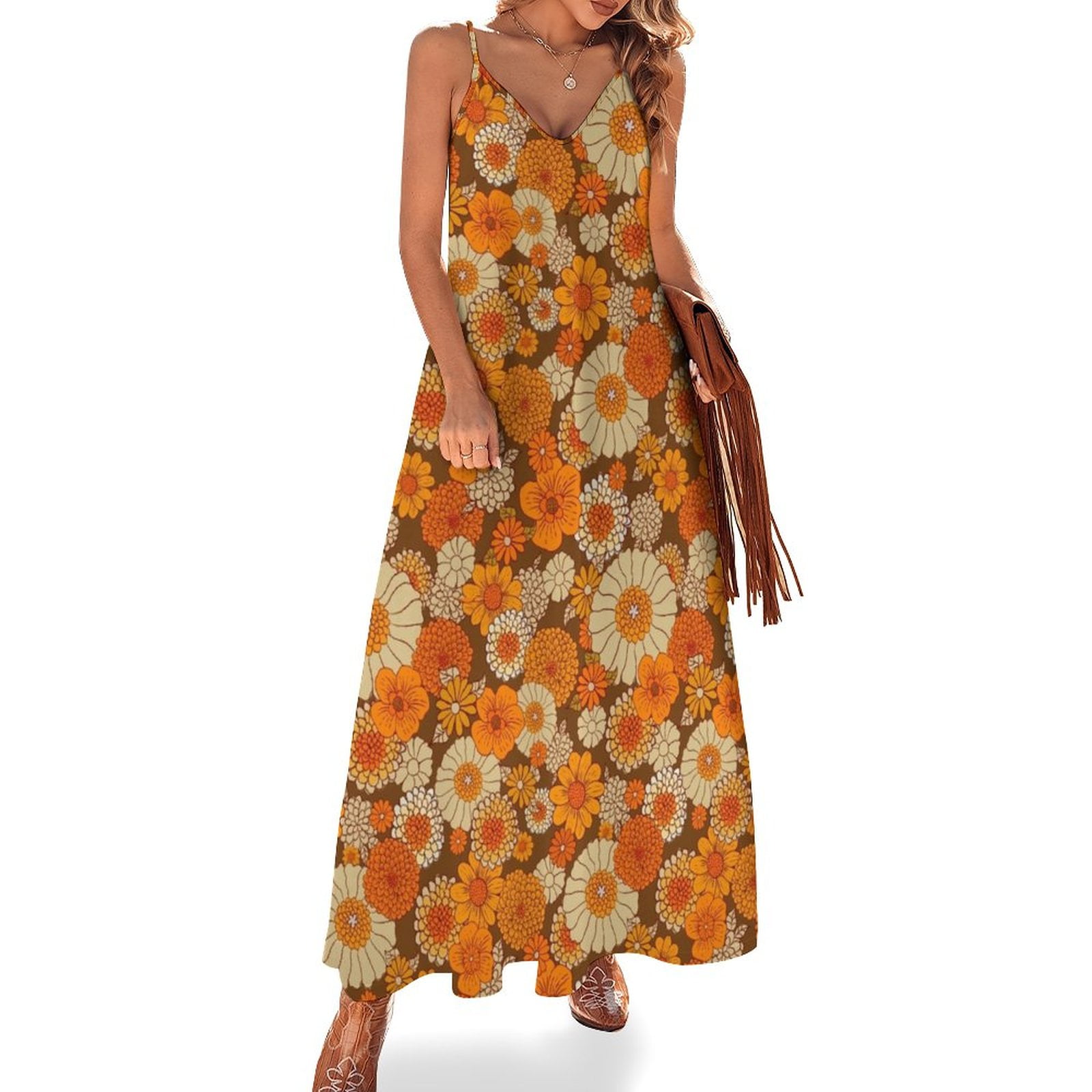 70s retro daisies vintage flower power orange and brown boho Sleeveless ...