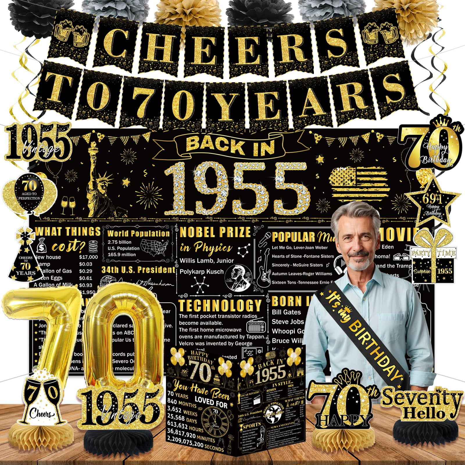 70th Birthday Decorations for Men Women, ZLK1 Black Gold Birthday ...