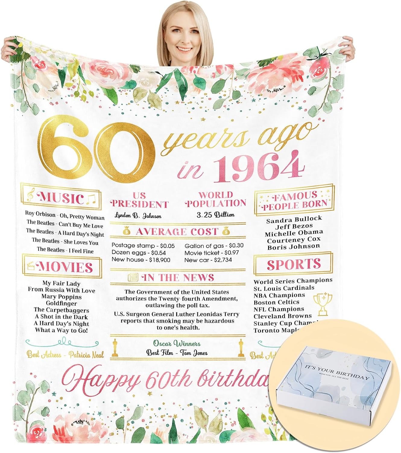 70th Birthday Gifts for Women, 1954 Birthday Gift Blanket with Gift Box ...