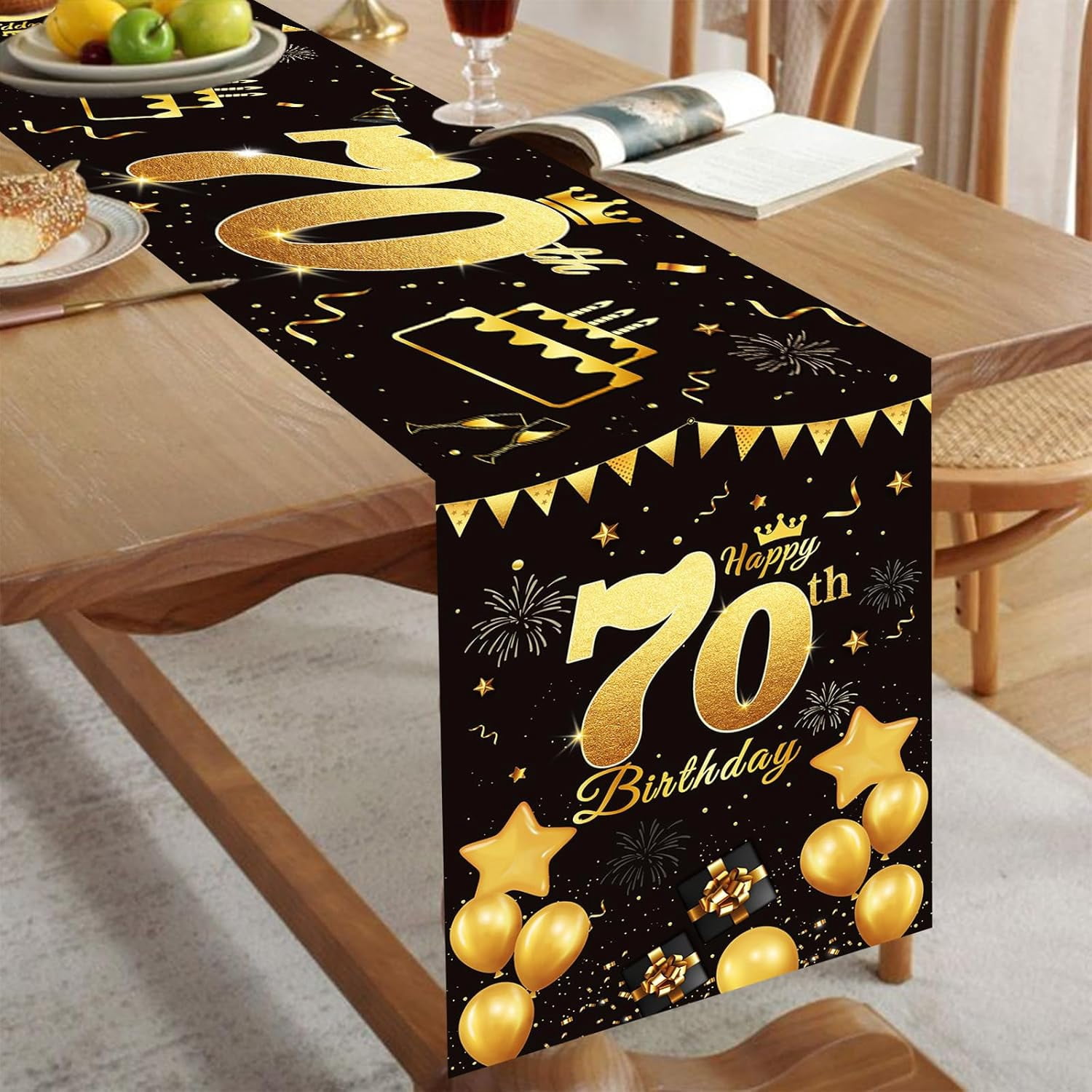 70th Birthday Table Runner Black Gold, NonSlip Dining Linen Cloth ...