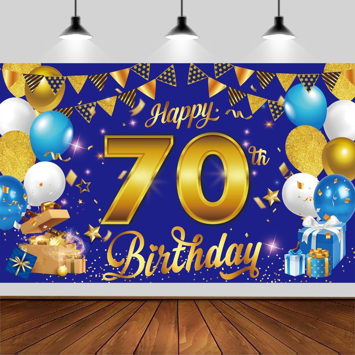 70th Blue Gold Birthday Backdrop Happy Birthday Photography Background ...