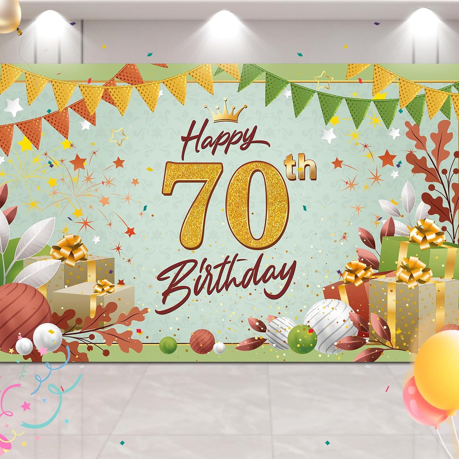 70th Happy Birthday Backdrop Banner 5.9x3.6Ft Green Gold Happy Birthday ...