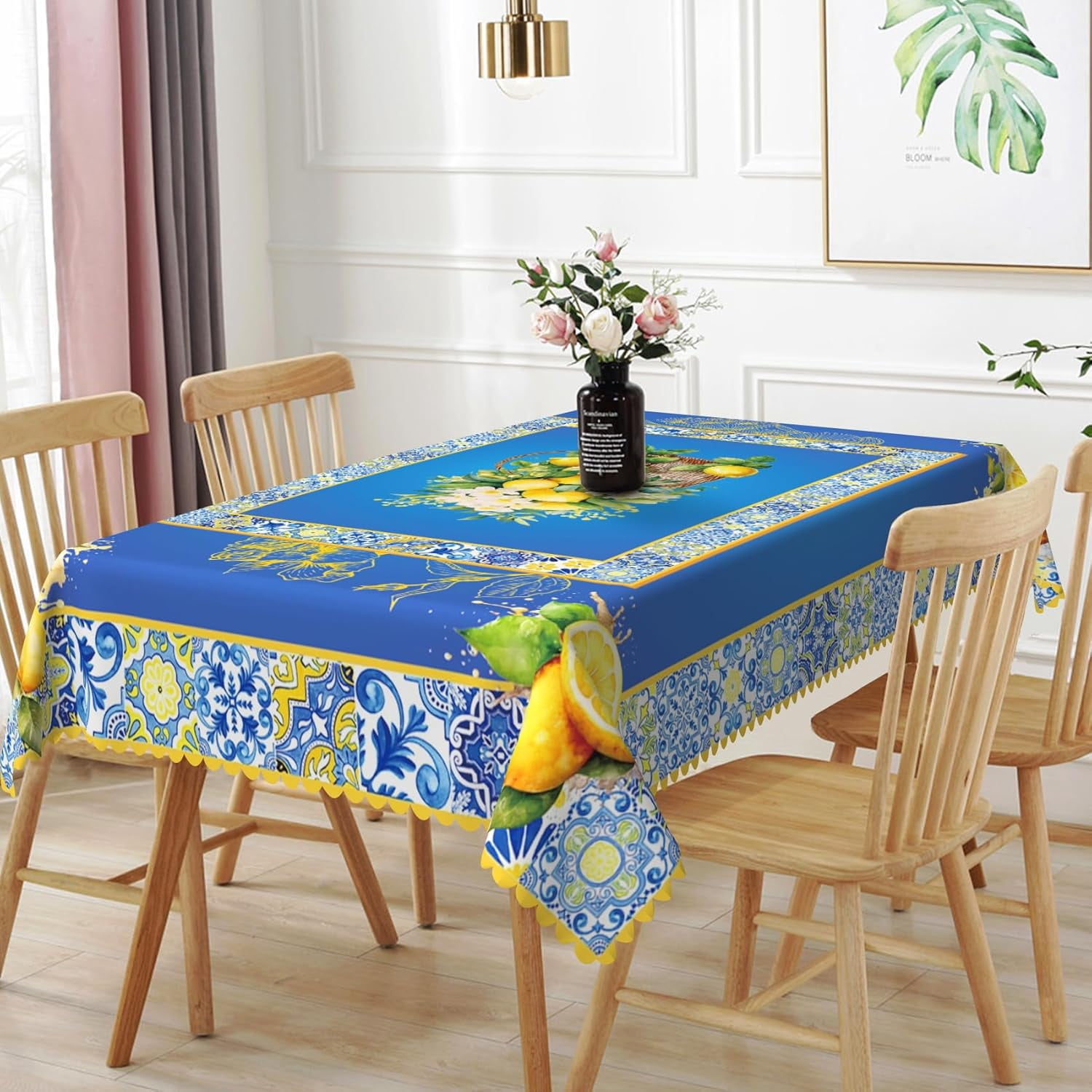 70x140 Inches Blue and Yellow Rectangle Tablecloth with Summer Fruit ...