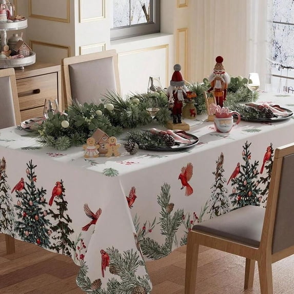 70x52 Inch Rectangular Cardinal Birds Winter Pine Tree Tablecloth ...
