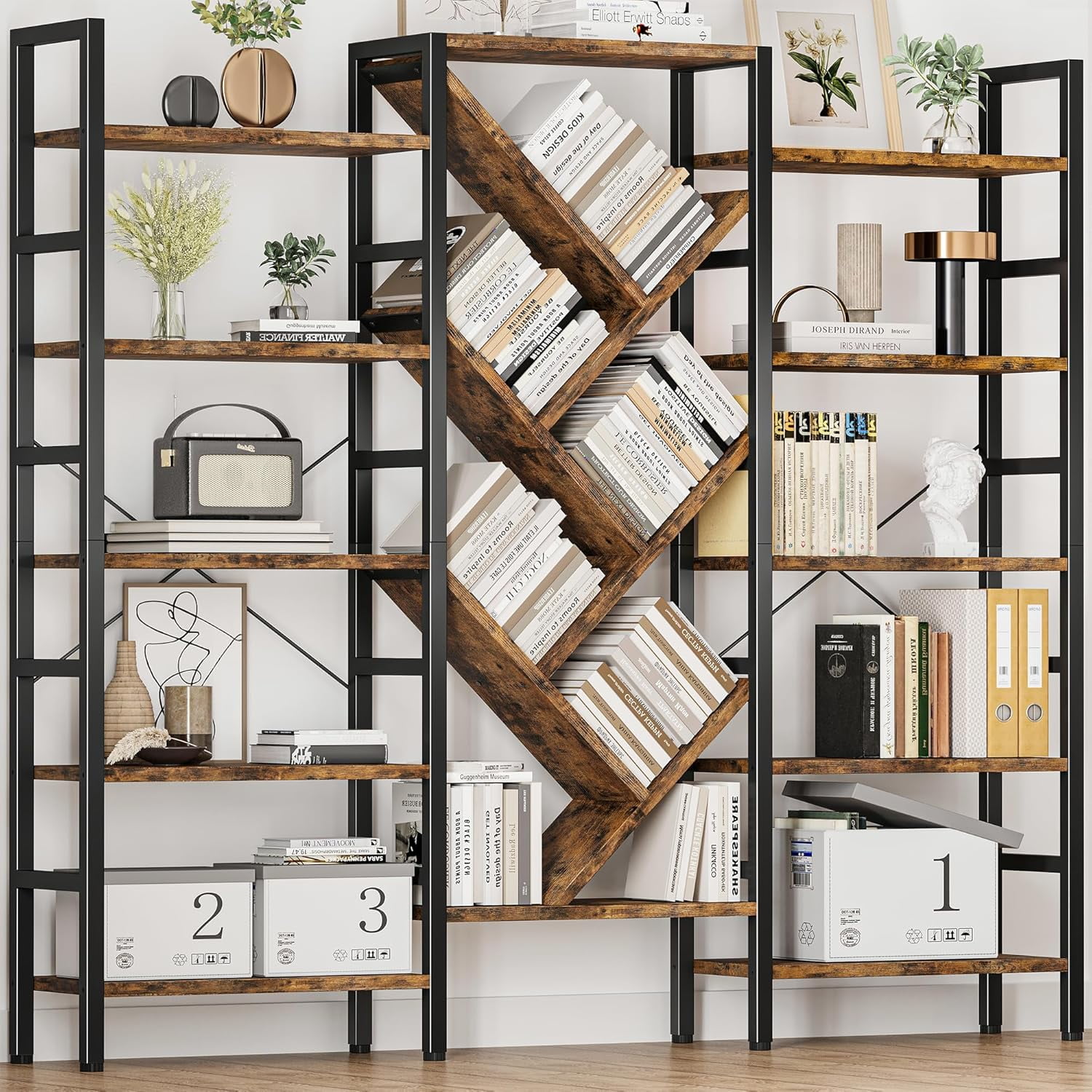 70x70” Triple 5 Tier Book Shelf, Large Wooden Bookcase with 17 Open ...