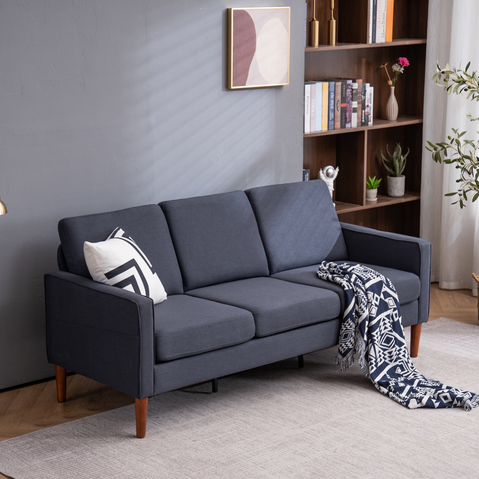 71.3" Modular Sofa, Linen 3-Seater Sofa with Side Pockets, Mid-Century ...
