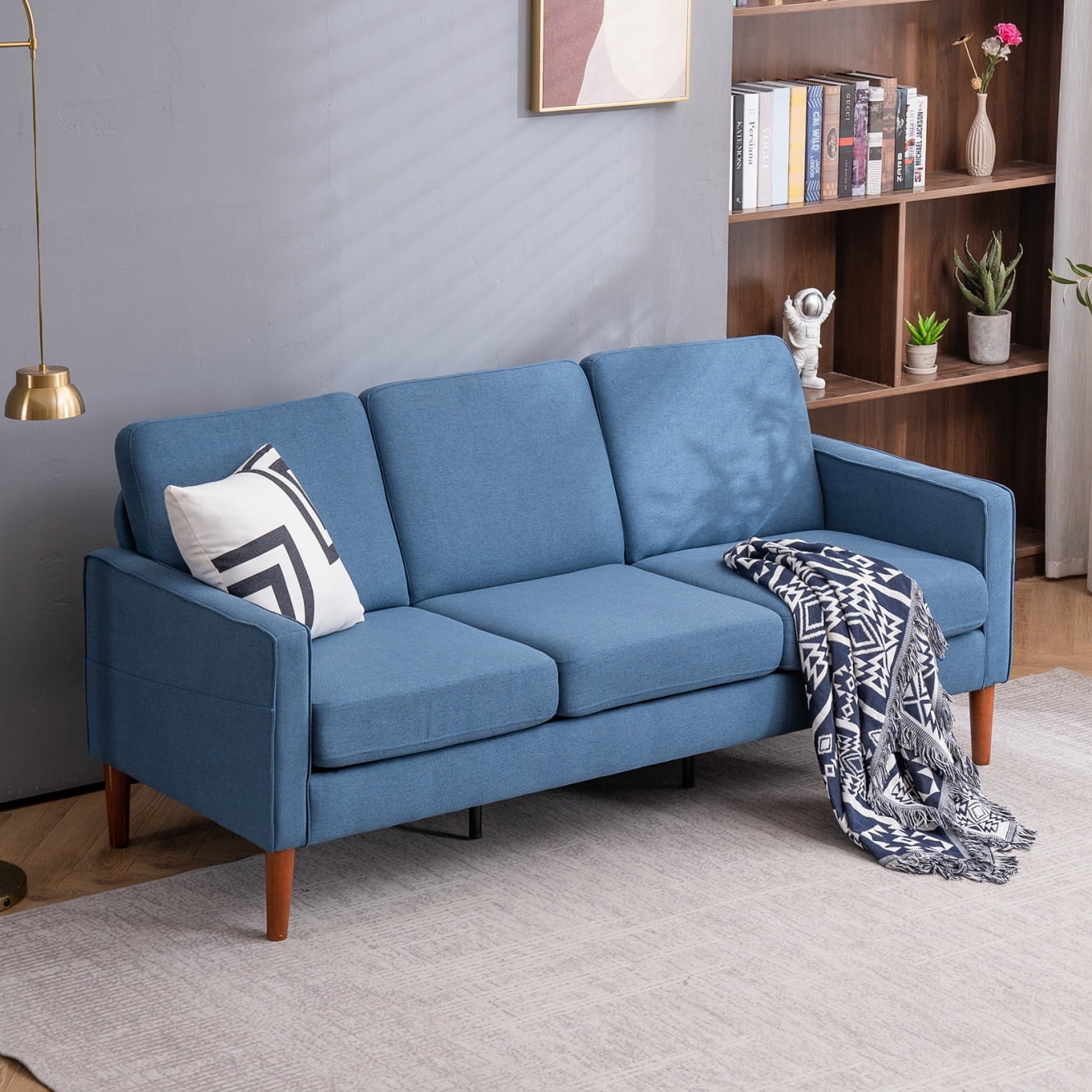 71.3" Modular Sofa, Linen 3-Seater Sofa with Side Pockets, Mid-Century ...