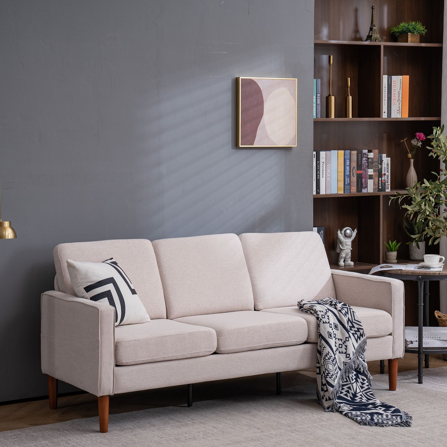 71.3" Modular Sofa, Linen 3-Seater Sofa with Side Pockets, Mid-Century ...