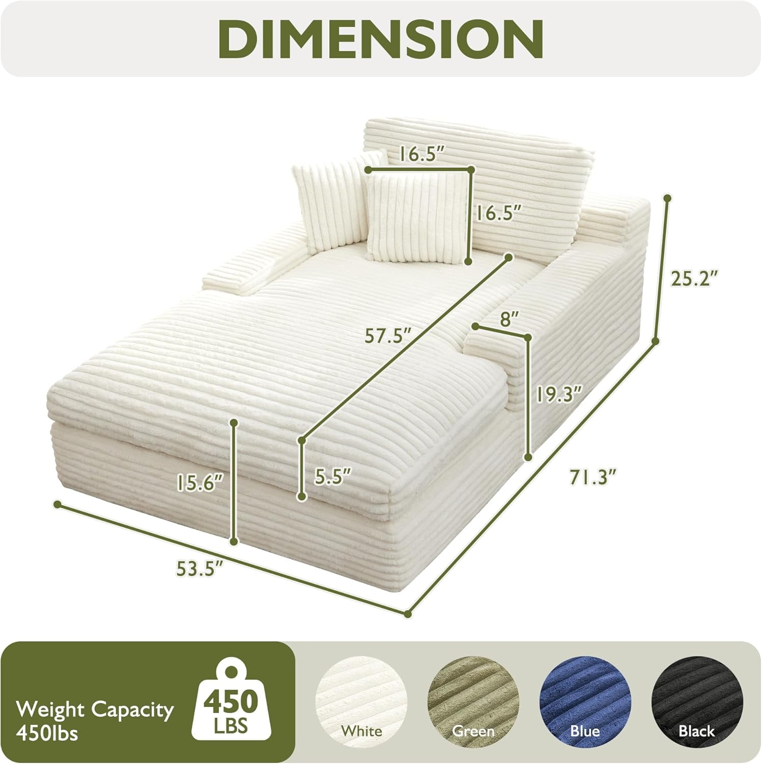 71.3" Oversized Chaise Lounge Chair, Comfy Corduroy Sofa with Deep , No ...