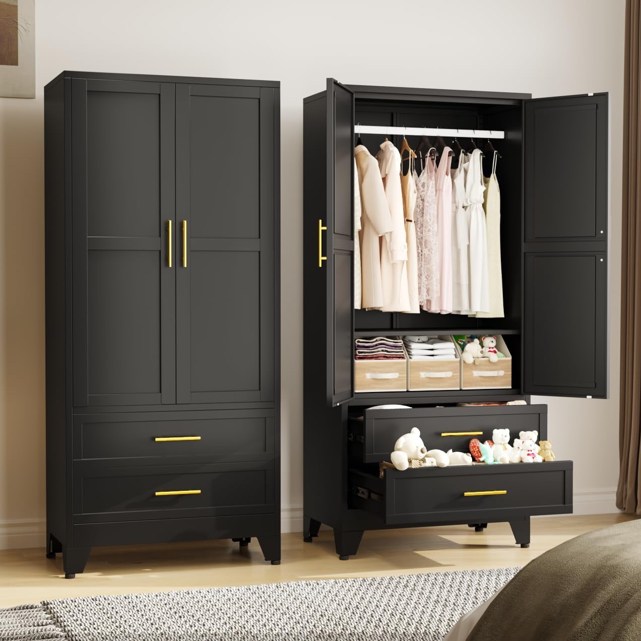 71" H Metal Tall Armoire Wardrobe Closet with Drawer Household Steel ...