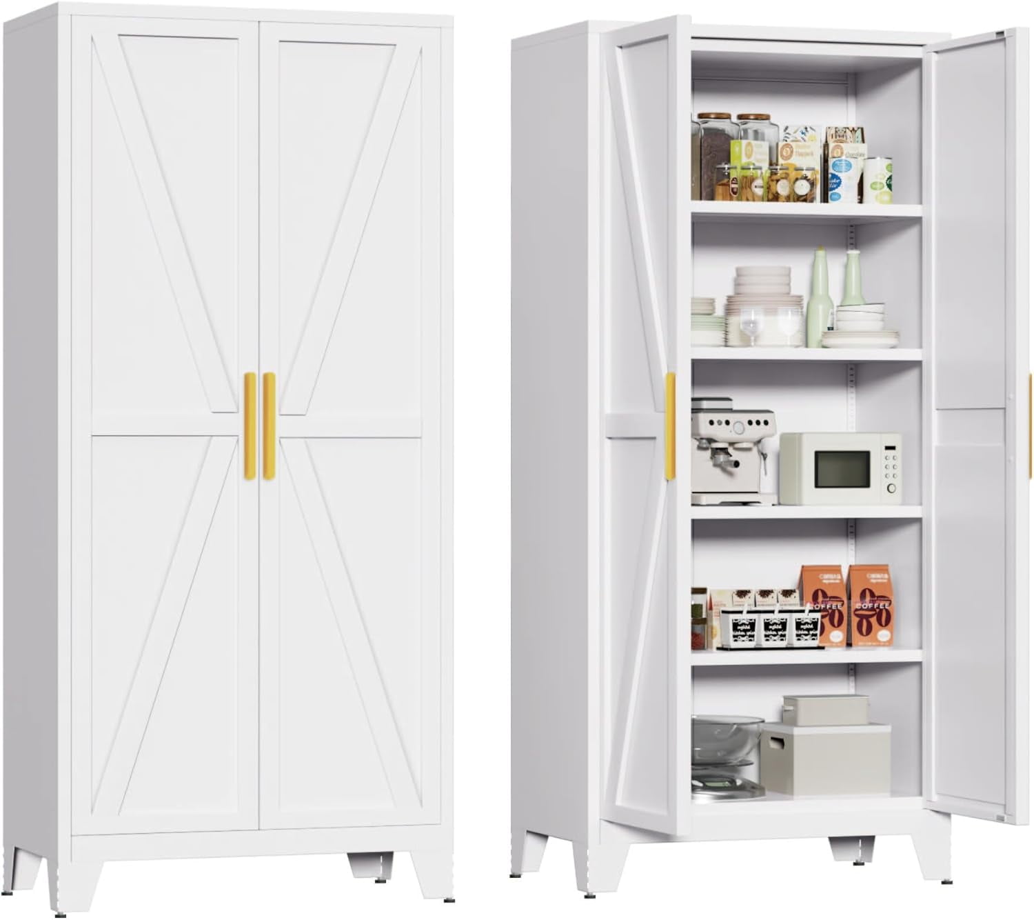 71" Pantry Cabinet Metal Storage Cabinet with 2 Doors and 4 Adjustable ...