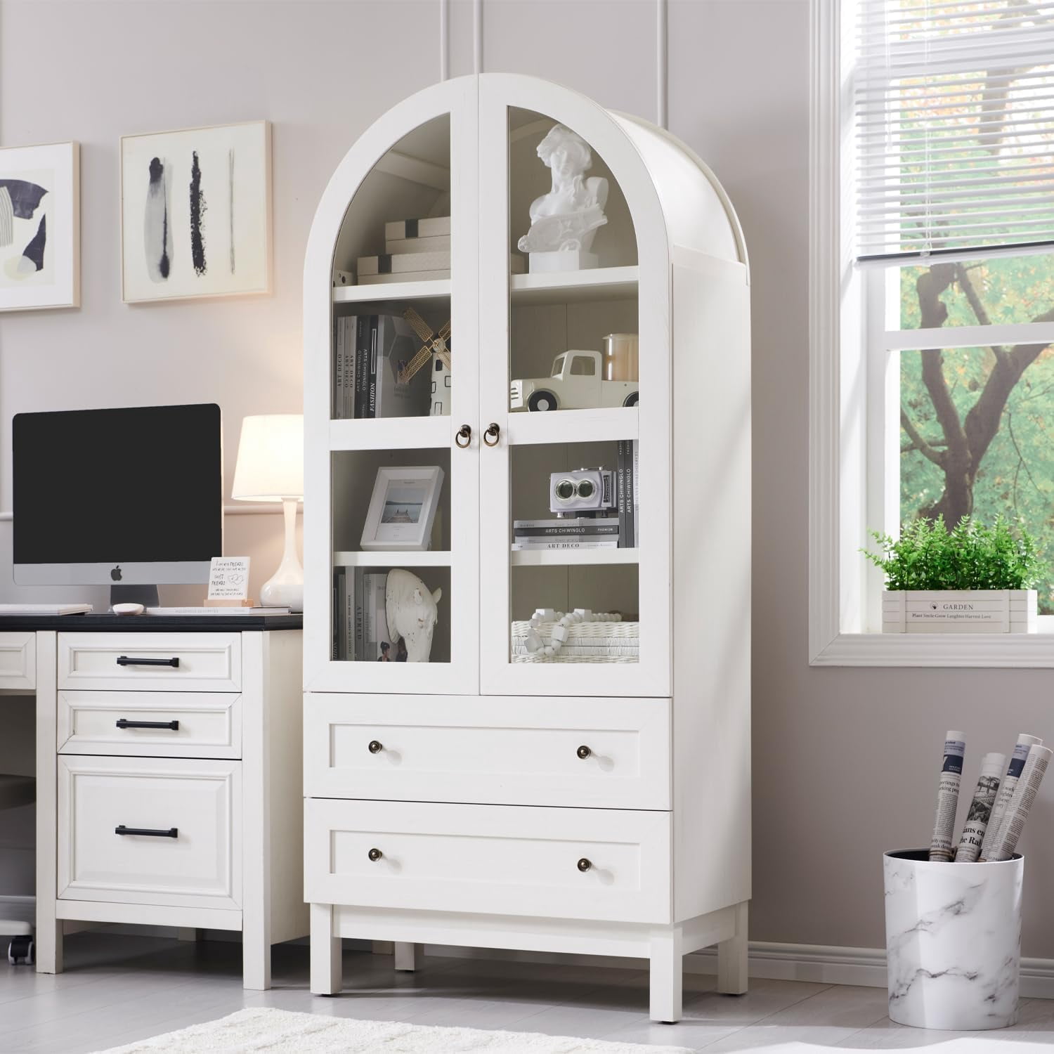 71" Tall Arched Bookshelf 4-Tier Bookcase with Glass Doors and Shelves ...