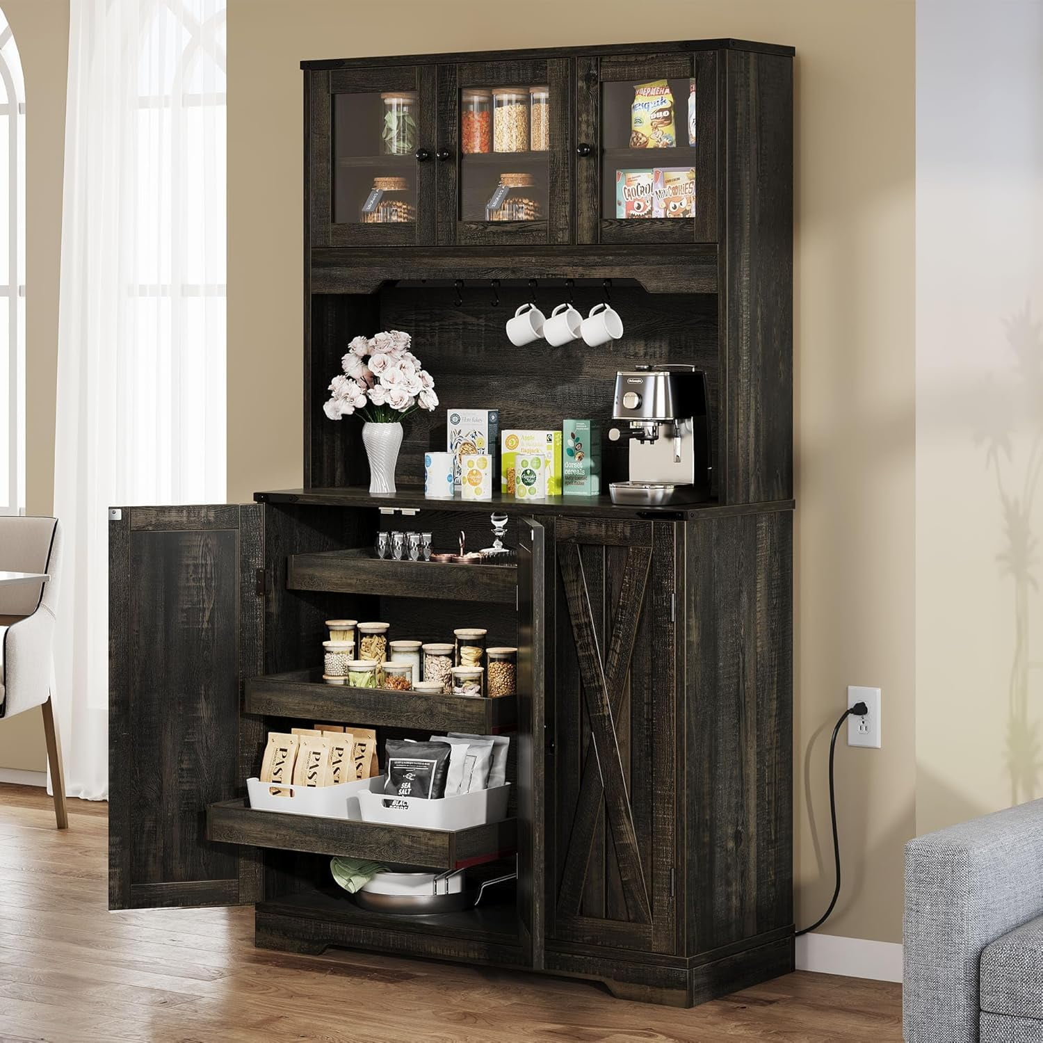 71" Tall Kitchen Pantry Cabinet with Charging Station Kitchen Hutch ...