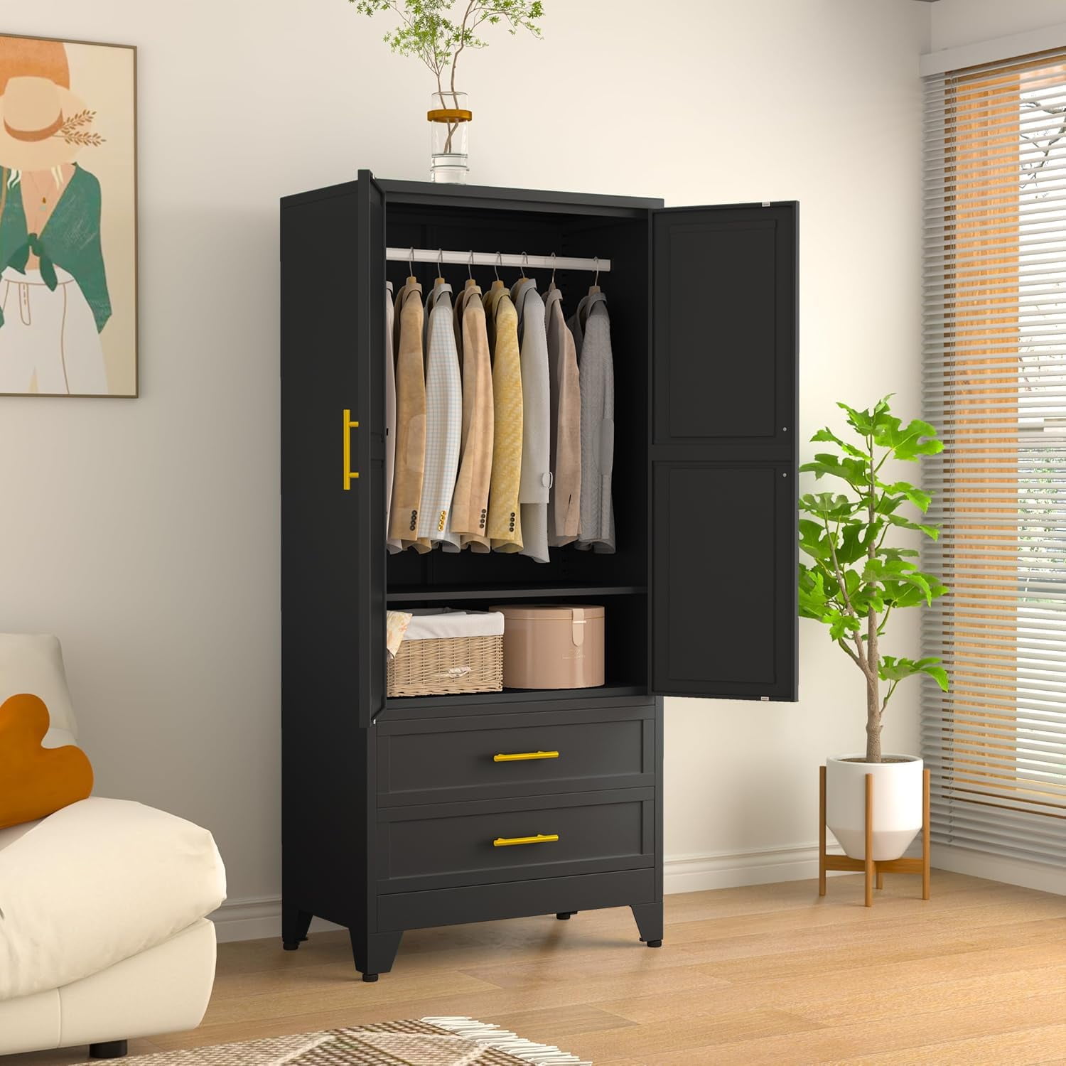 71.39" H Metal Armoire Wardrobe Closet with 2 Drawers, Adjustable ...