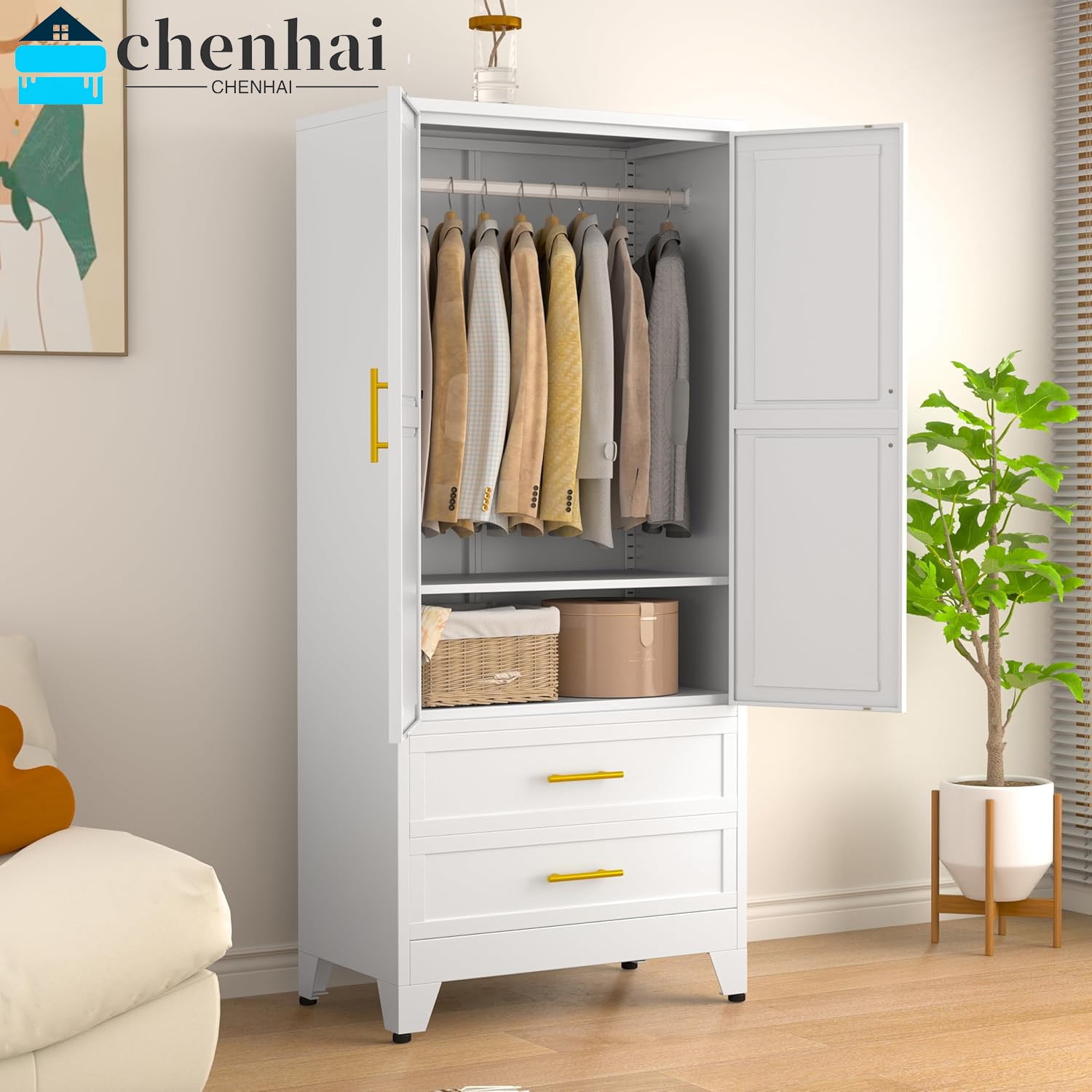 71.39" H Metal Armoire Wardrobe Closet with 2 Drawers, Adjustable ...