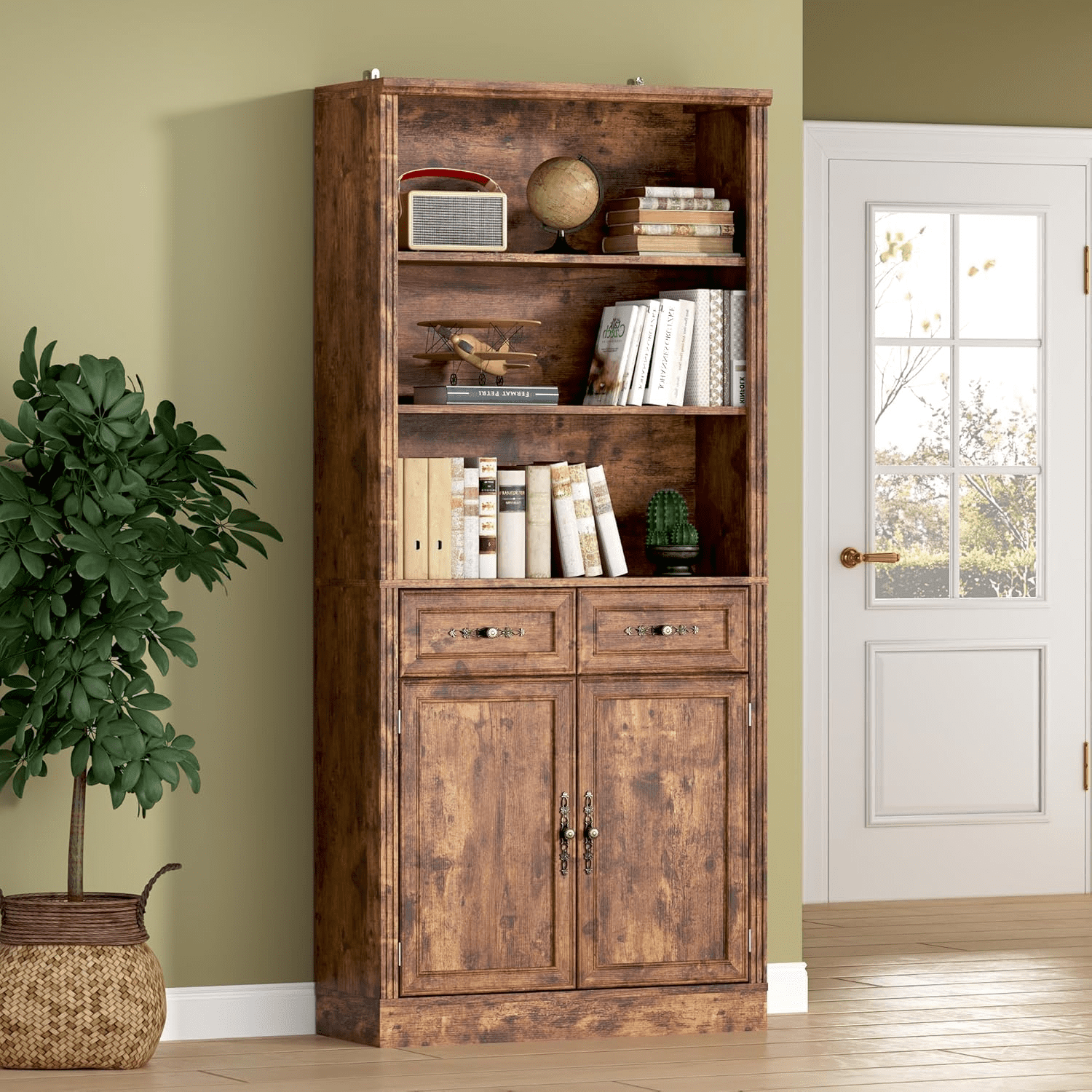 71.4" Tall Bookshelf with Cabinet 6-Tier Floor Standing Bookcase with ...