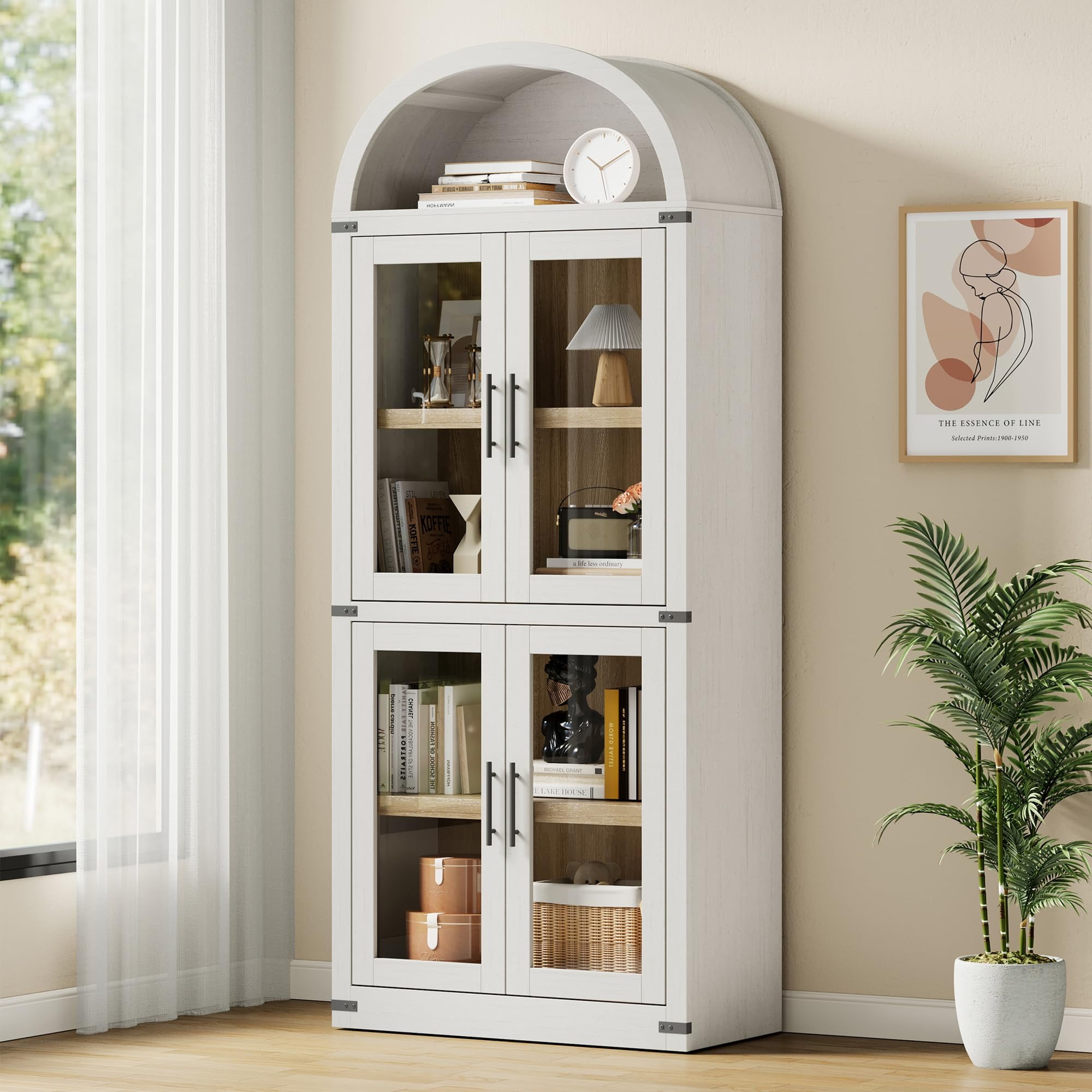 71.4” Tall Arched Bookshelf,Modern Farmhouse Bookcase with Glass Doors ...