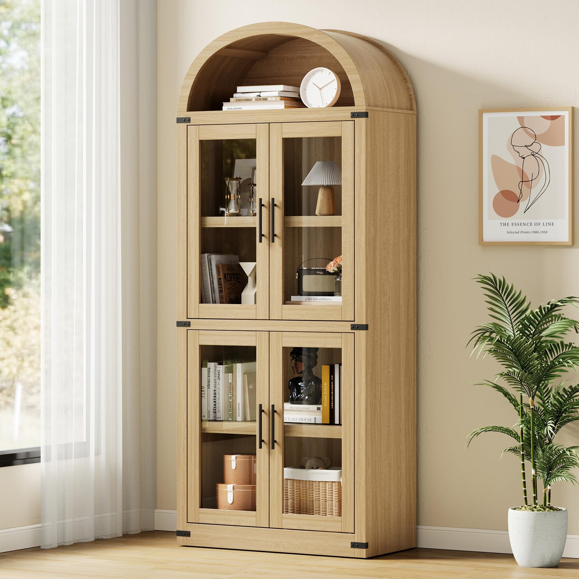 71.4” Tall Arched Bookshelf,Modern Farmhouse Bookcase with Glass Doors ...