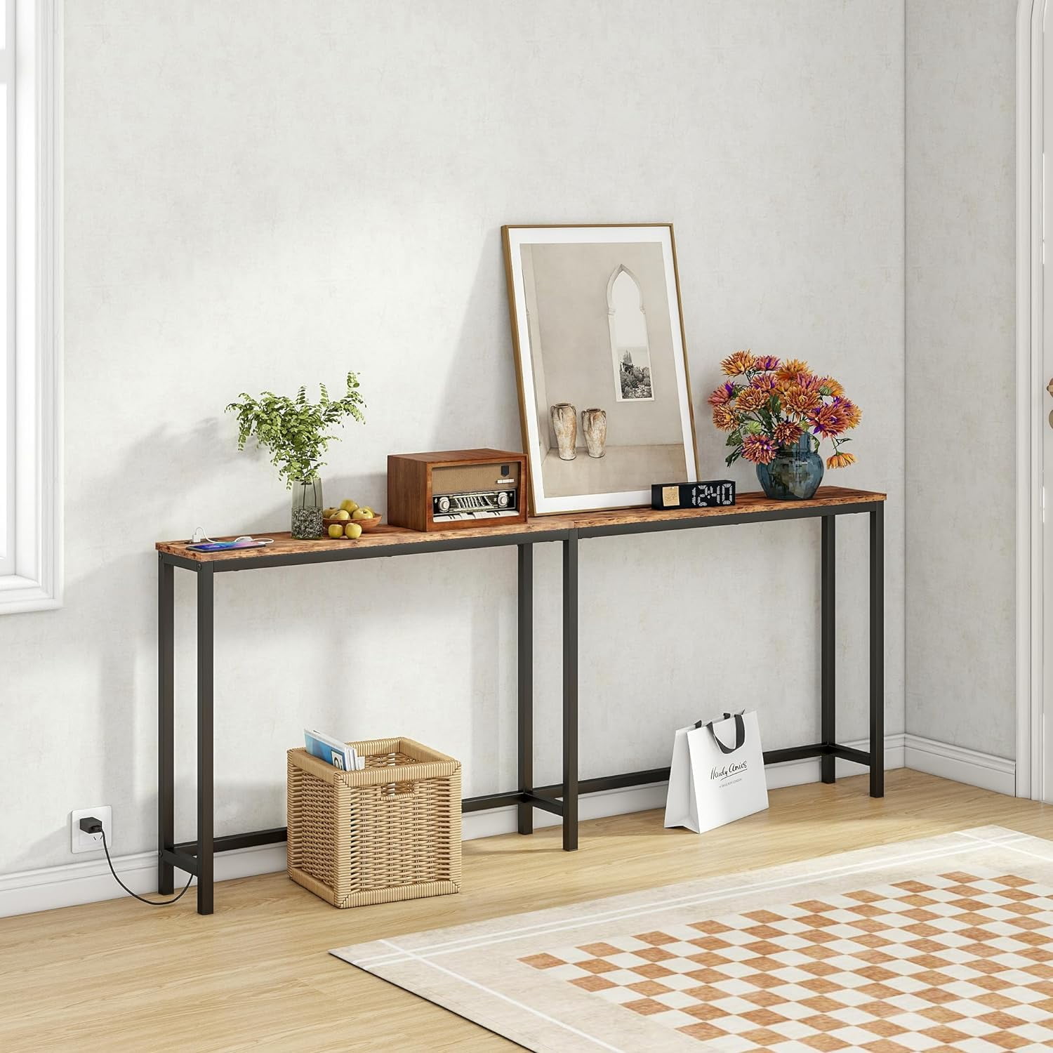 71.5 Inch Thin Console Table with Power Outlets,Narrow Sofa Table with ...