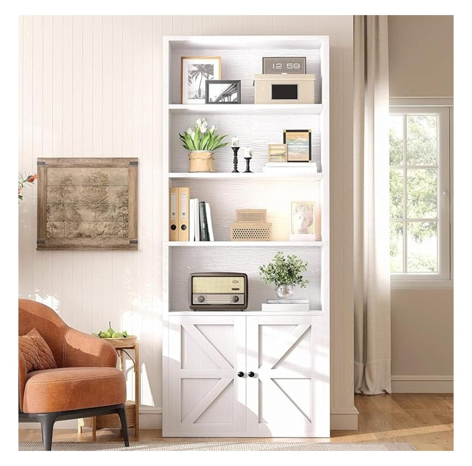71.5" Tall Farmhouse Bookshelf, 6-Tier Bookcase with Cabinet Doors ...